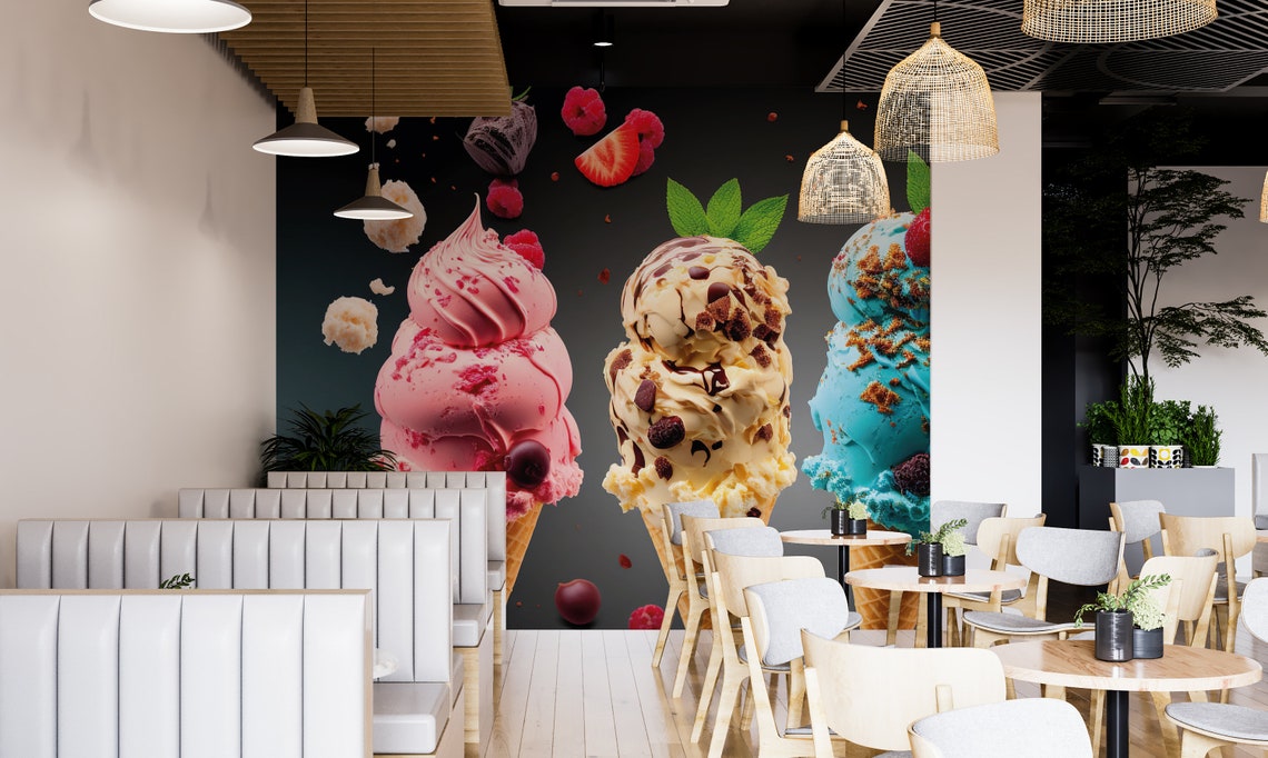 Ice Cream Wall Mural/ 3D Ice Cream Wallpaper/ Ice Cream Wall Art/ Café ...