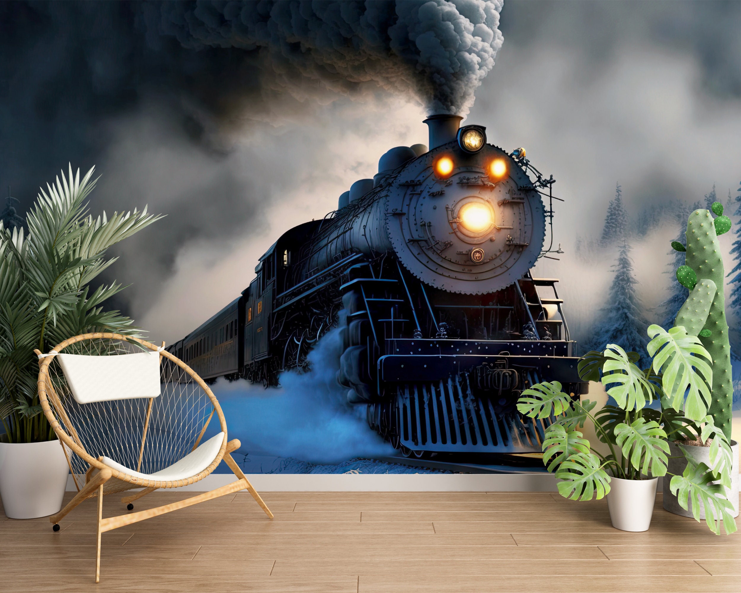 Locomotive Wallpaper/ Steam Train Wall Print/ 3D Wall Mural/ Old Steam ...