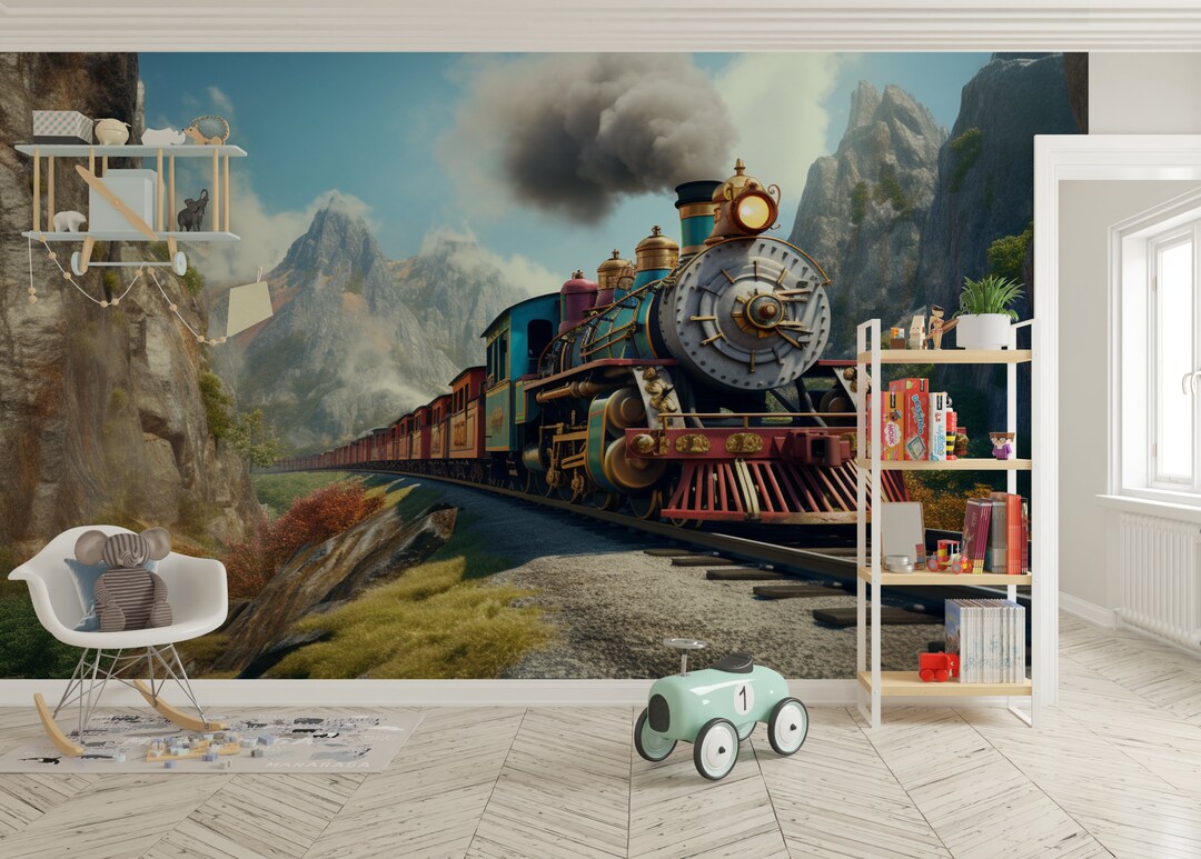Locomotive Wallpaper/ Steam Train Wall Print/ 3D Wall Mural/ Old Steam ...
