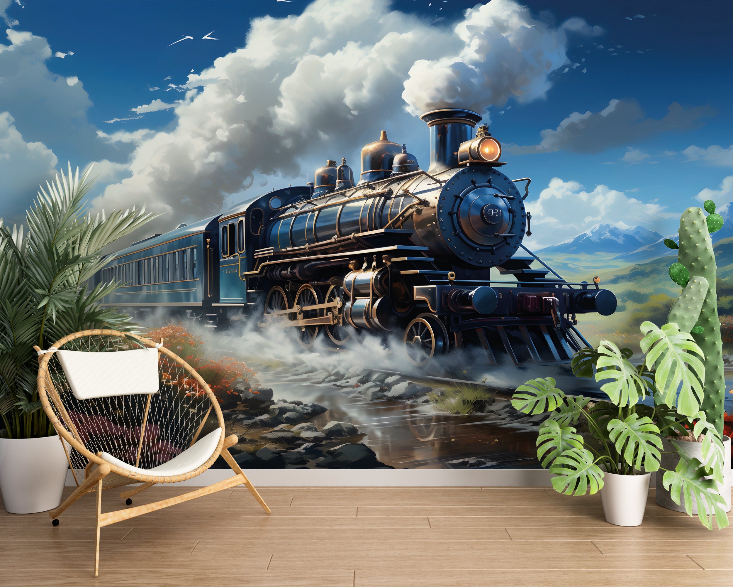 Locomotive Wallpaper/ Steam Train Wall Print/ 3D Wall Mural/ Old Steam ...