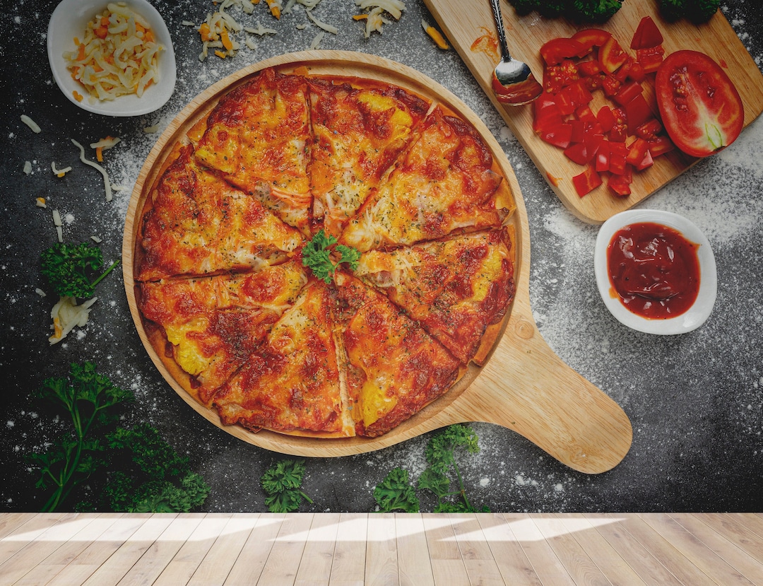 3D Pizza Wallpaper/ Pizza Wall Mural/ Café Wall Mural/ Dining Room Wall ...