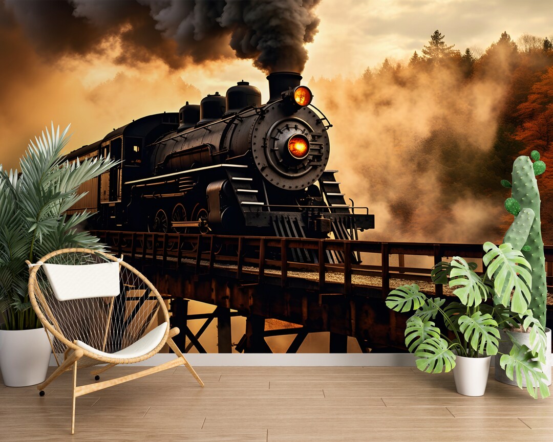 Locomotive Wallpaper/ Steam Train Wall Print/ 3D Wall Mural/ Old Steam ...