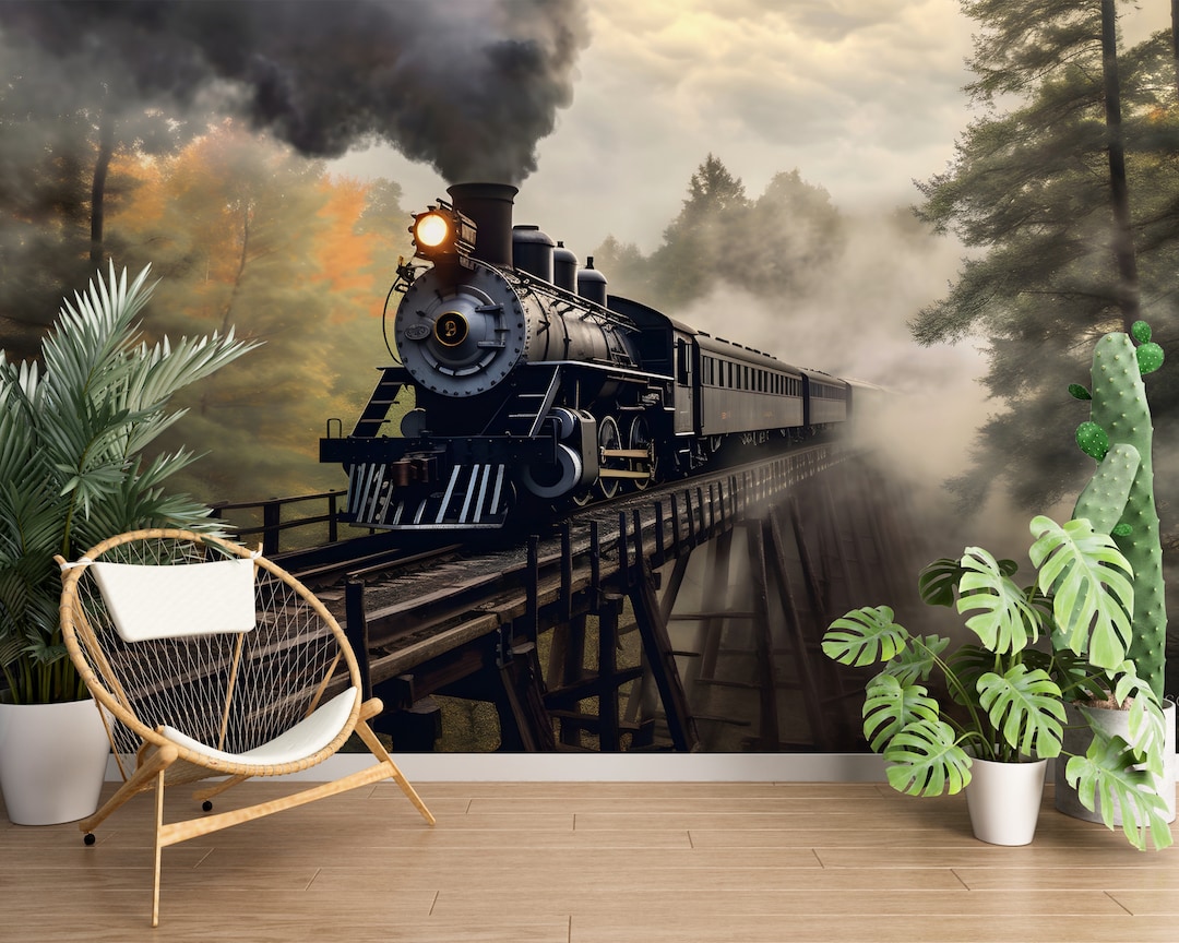 Locomotive Wallpaper/ Steam Train Wall Print/ 3D Wall Mural/ Old Steam ...