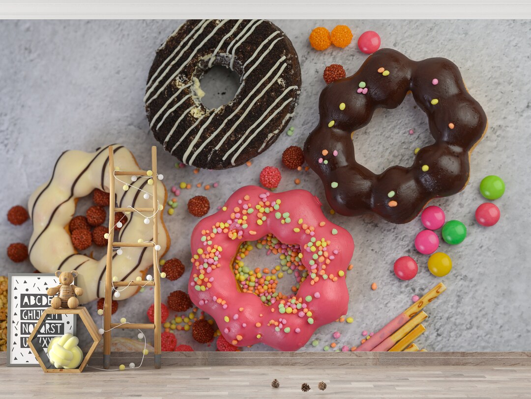 3D Donut Wall Mural/ 3D Donut Wallpaper/ Colorful Wall Mural/ Bakery ...