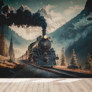 Locomotive Wallpaper/ Steam Train Wall Print/ 3D Wall Mural/ Old Steam ...