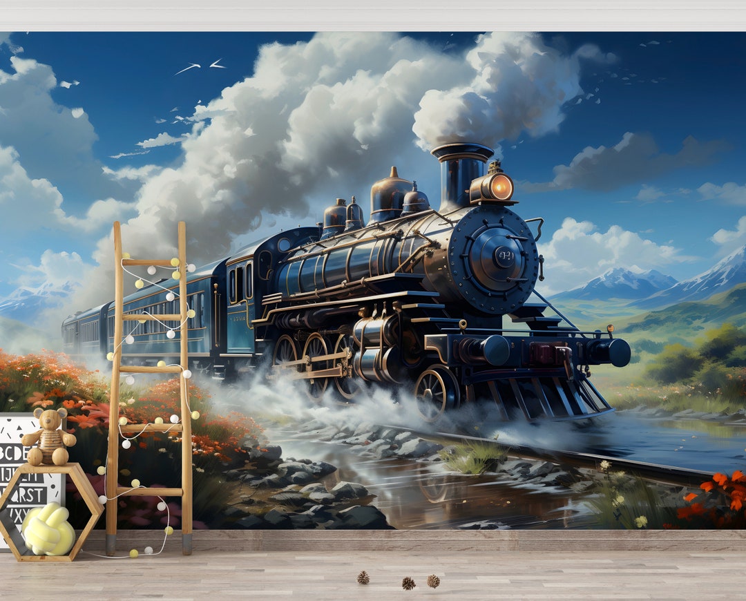 Locomotive Wallpaper/ Steam Train Wall Print/ 3D Wall Mural/ Old Steam ...
