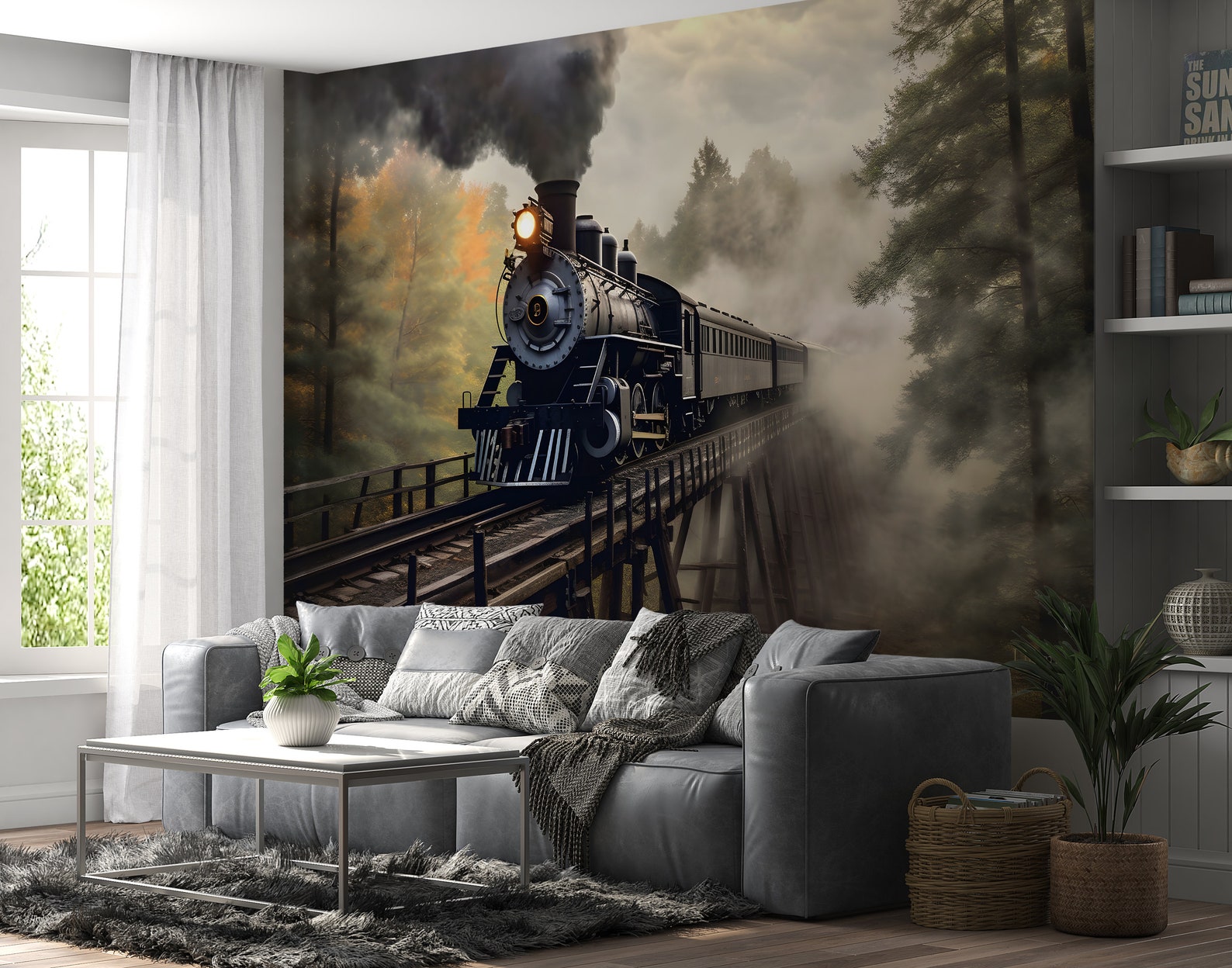 Locomotive Wallpaper/ Steam Train Wall Print/ 3D Wall Mural/ Old Steam ...