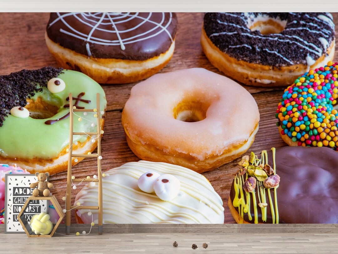 3D Donut Wall Mural/ 3D Donut Wallpaper/ Colorful Wall Mural/ Bakery ...