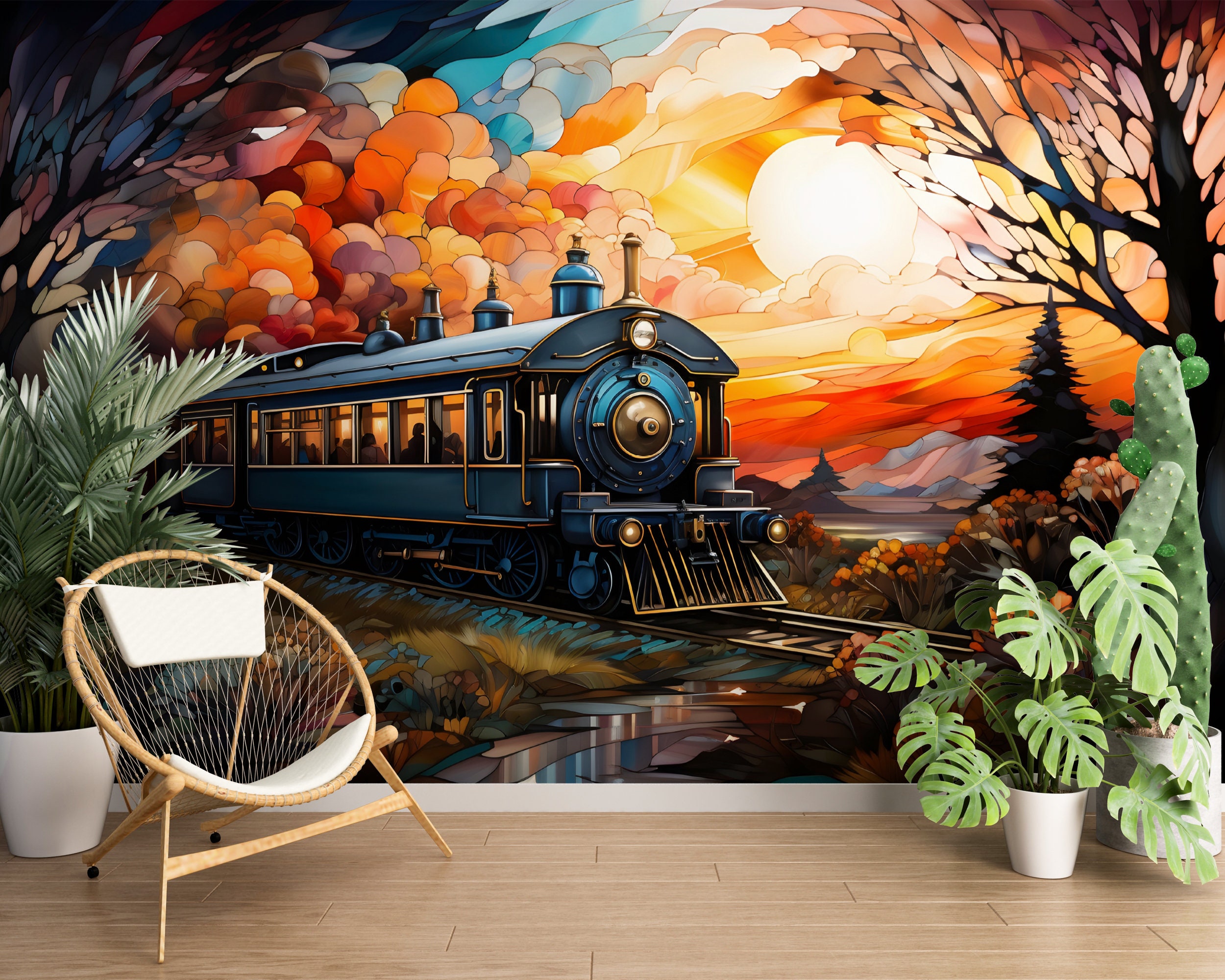 Locomotive Wallpaper/ Steam Train Wall Print/ 3D Wall Mural/ Old Steam ...