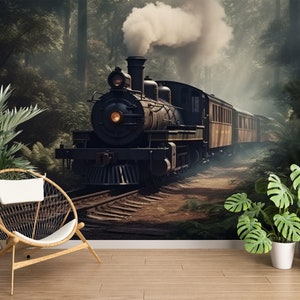 Locomotive Wallpaper/ Steam Train Wall Print/ 3D Wall Mural/ Old Steam ...