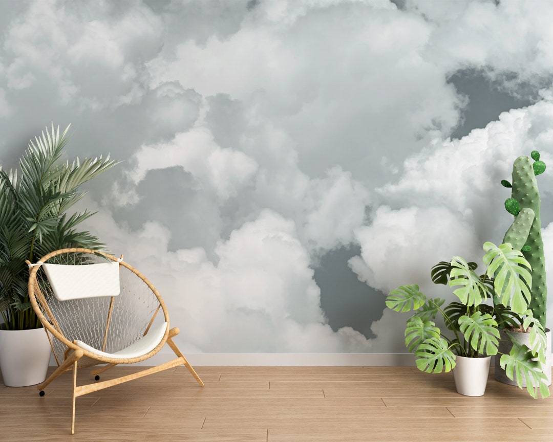 Sky Wall Mural/ Clouds Wall Mural/ Grey Sky Photo Wallpaper/ Pastel ...