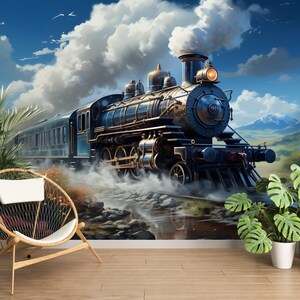 Locomotive Wallpaper/ Steam Train Wall Print/ 3D Wall Mural/ Old Steam ...
