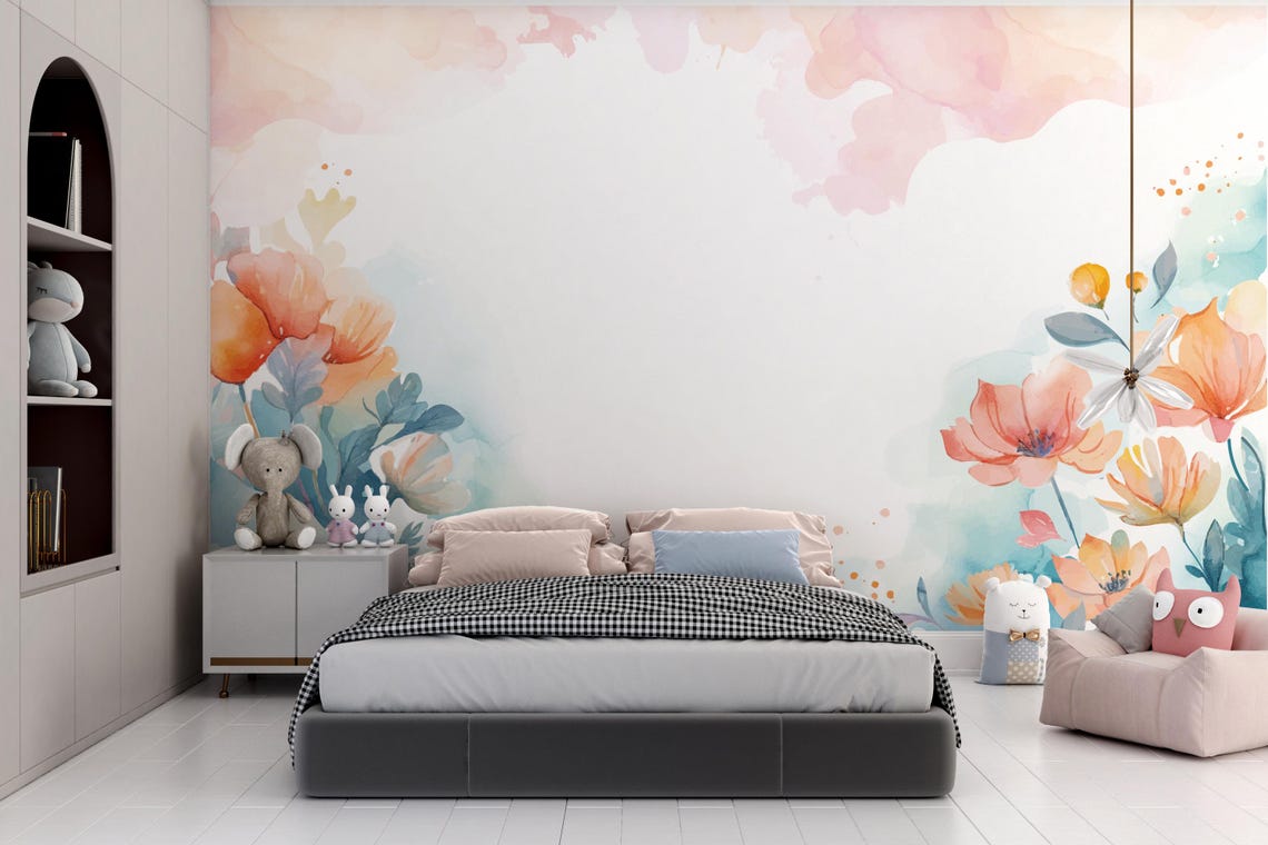 Flower Wall Mural/ 3D Floral Mural Art/ Bohemian Floral Wall Mural ...