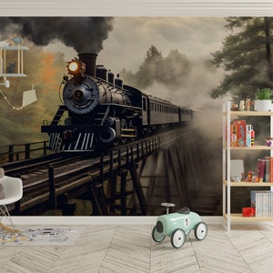 Locomotive Wallpaper/ Steam Train Wall Print/ 3D Wall Mural/ Old Steam ...