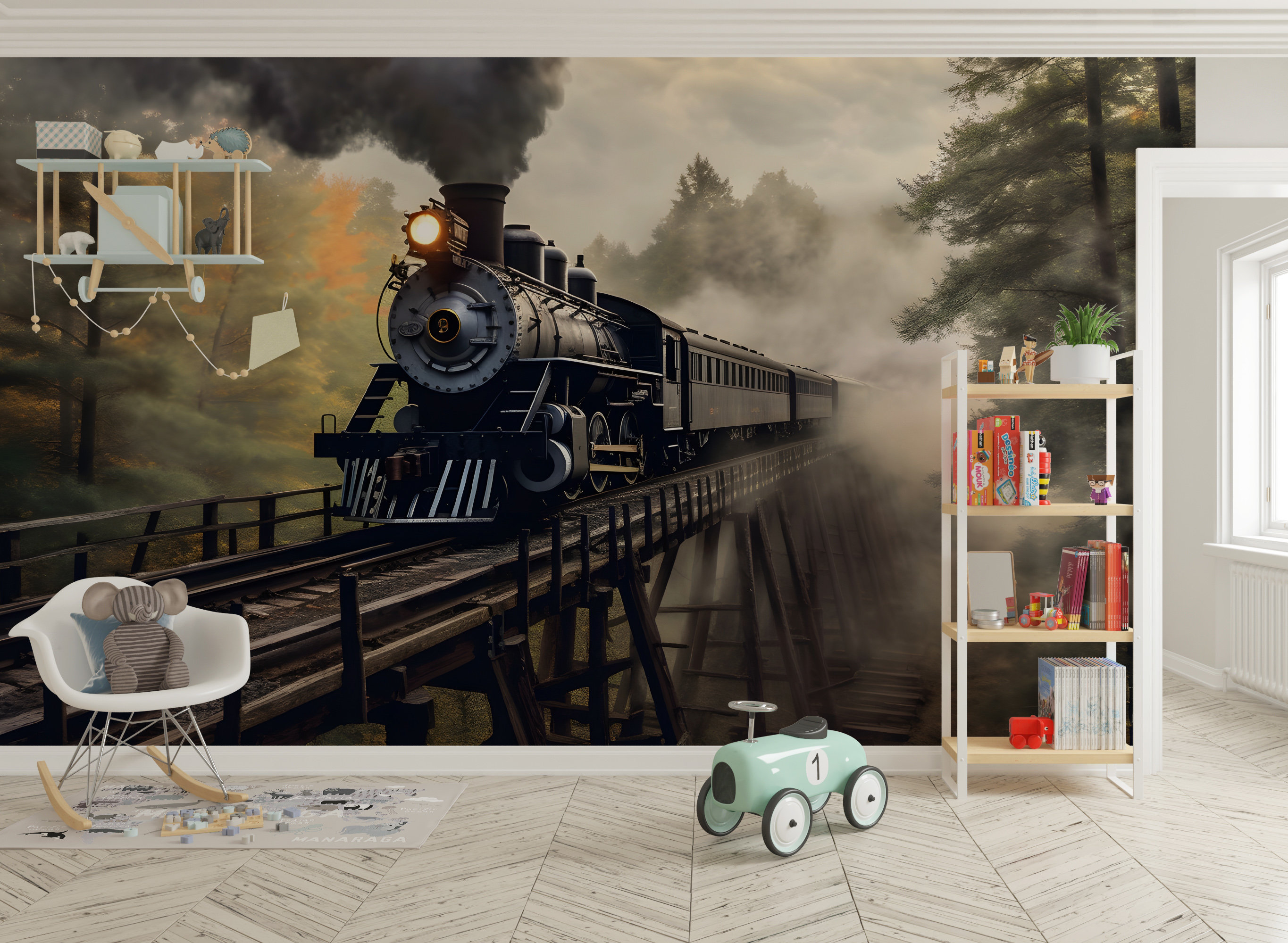 Locomotive Wallpaper/ Steam Train Wall Print/ 3D Wall Mural/ Old Steam ...