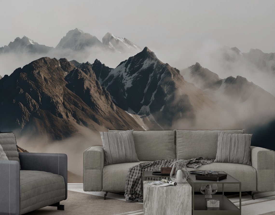 Mountain Wall Mural. Foggy Peaks Vinyl Wallpaper. Modern Bedroom Nature ...