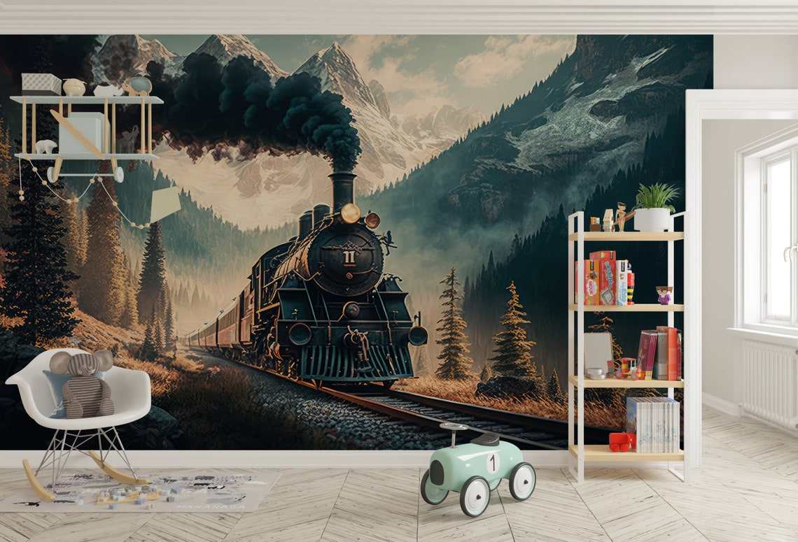 Locomotive Wallpaper/ Steam Train Wall Print/ 3D Wall Mural/ Old Steam ...