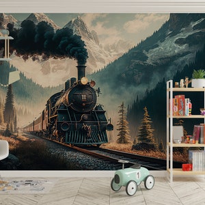 Locomotive Wallpaper/ Steam Train Wall Print/ 3D Wall Mural/ Old Steam ...