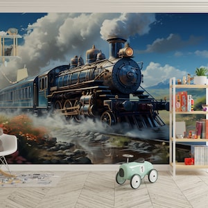 Locomotive Wallpaper/ Steam Train Wall Print/ 3D Wall Mural/ Old Steam ...