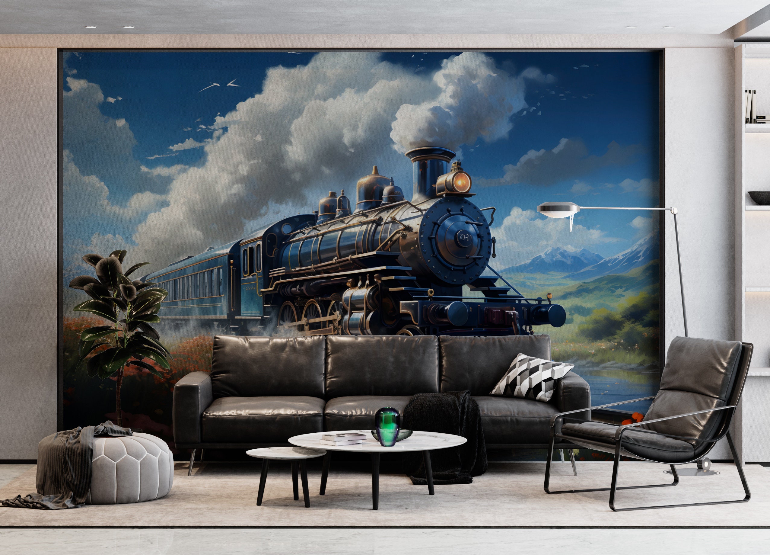 Locomotive Wallpaper/ Steam Train Wall Print/ 3D Wall Mural/ Old Steam ...