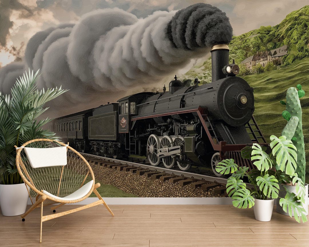 Locomotive Wallpaper/ Steam Train Wall Print/ 3D Wall Mural/ Old Steam ...