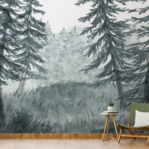 Forest Wall Mural/ Nature Wall Mural/ Spruce Forest Wall Mural/ Foggy ...