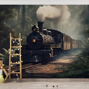 Locomotive Wallpaper/ Steam Train Wall Print/ 3D Wall Mural/ Old Steam ...