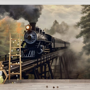 Locomotive Wallpaper/ Steam Train Wall Print/ 3D Wall Mural/ Old Steam ...