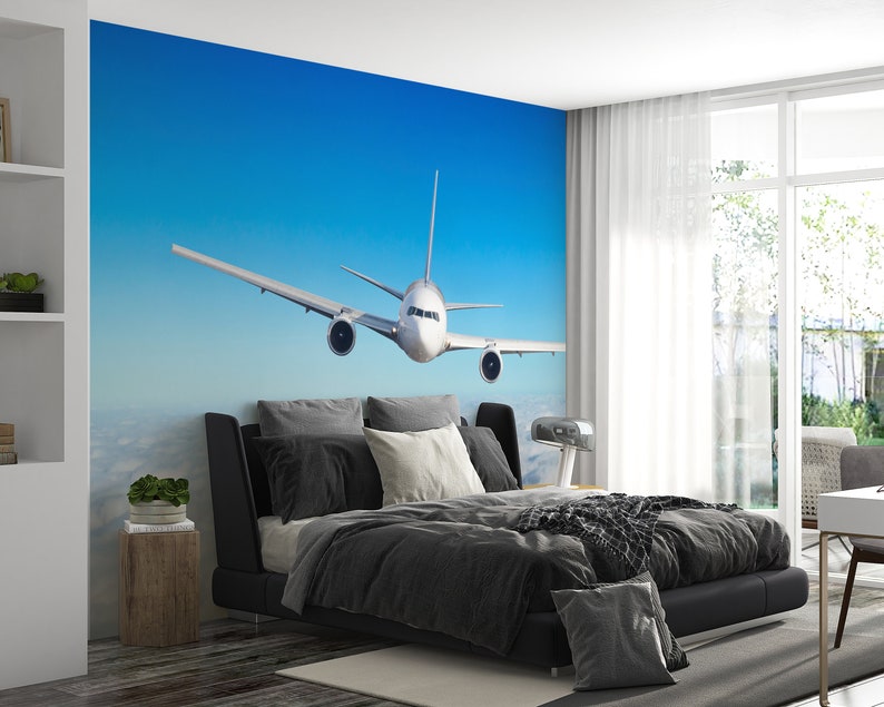 Airplane Wall Mural/ Airplane Wallpaper/ Sky Wall Mural/ Clouds Wall ...