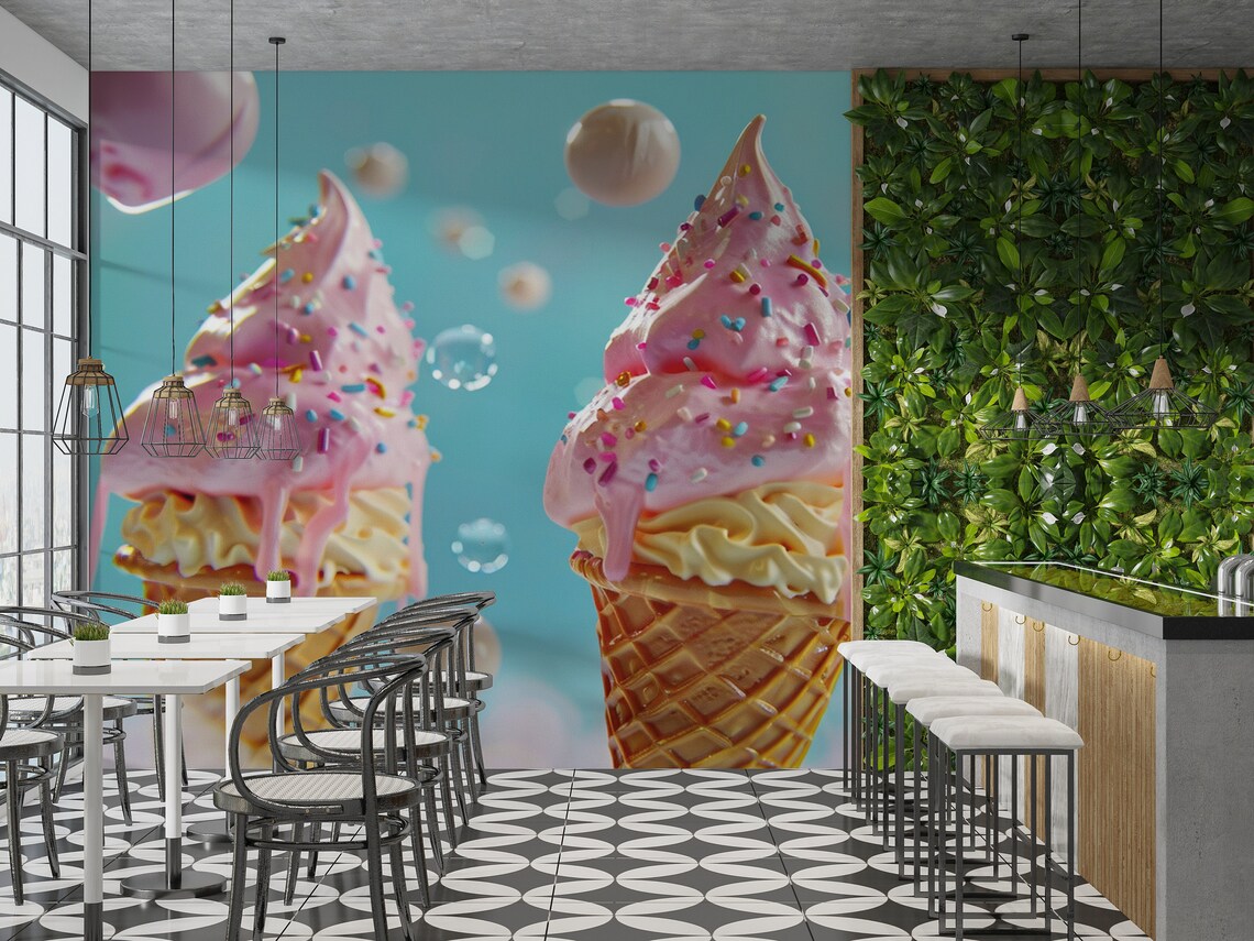 Ice Cream Wall Mural/ 3D Ice Cream Wallpaper/ Ice Cream Wall Art/ Café ...