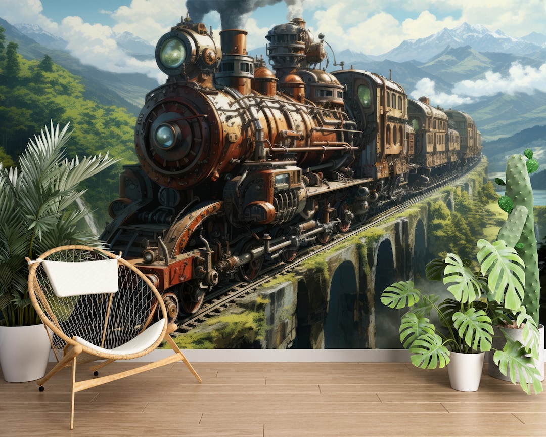 Locomotive Wallpaper/ Steam Train Wall Print/ 3D Wall Mural/ Old Steam ...