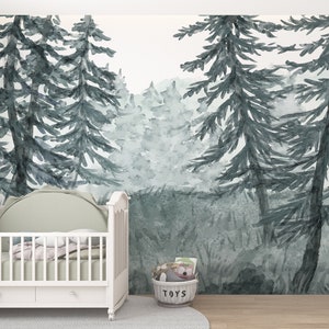Forest Wall Mural/ Nature Wall Mural/ Spruce Forest Wall Mural/ Foggy ...