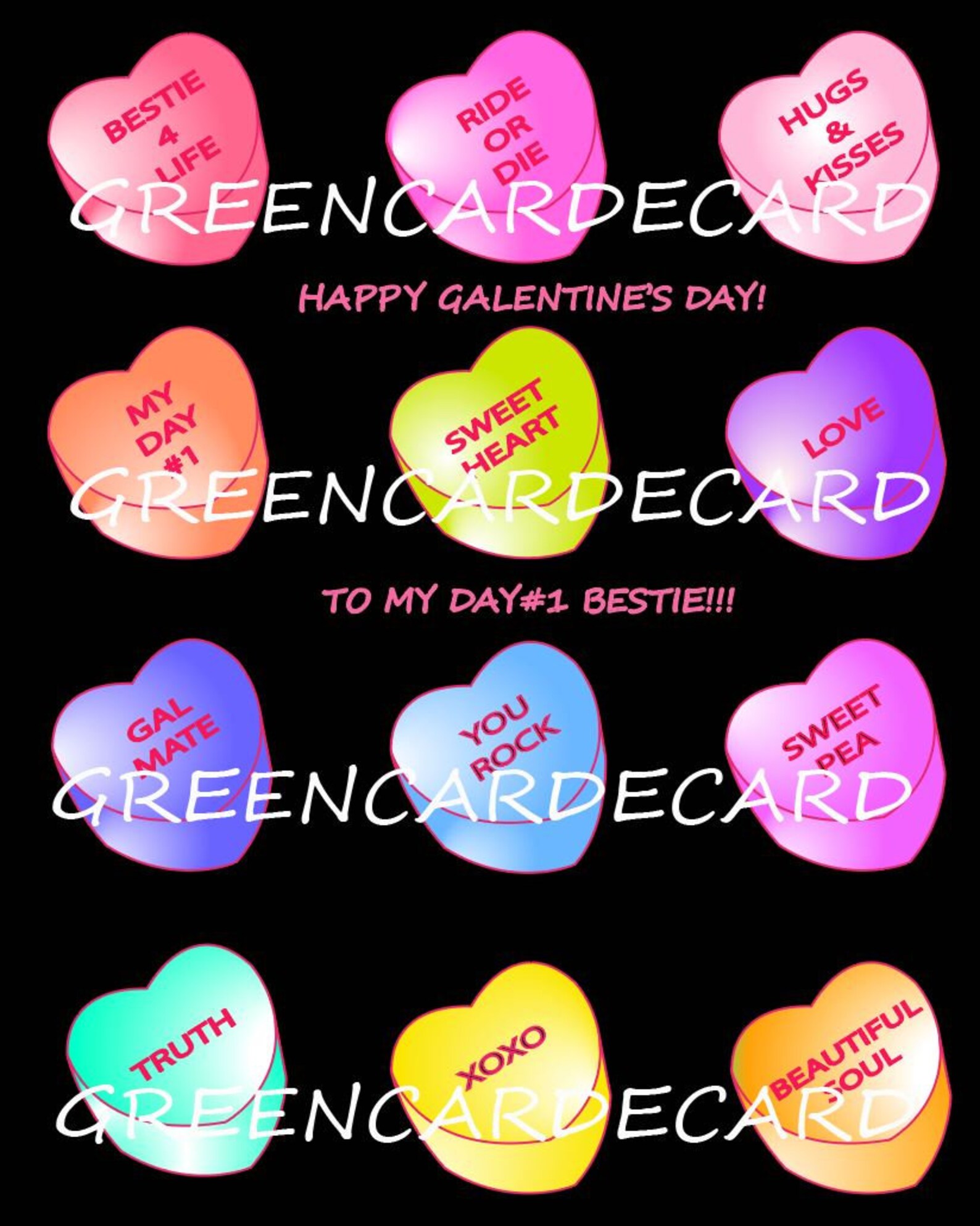 GREEN CARD ECARD Bestie Galentine's Day Conversation Heart Sayings 2 ...