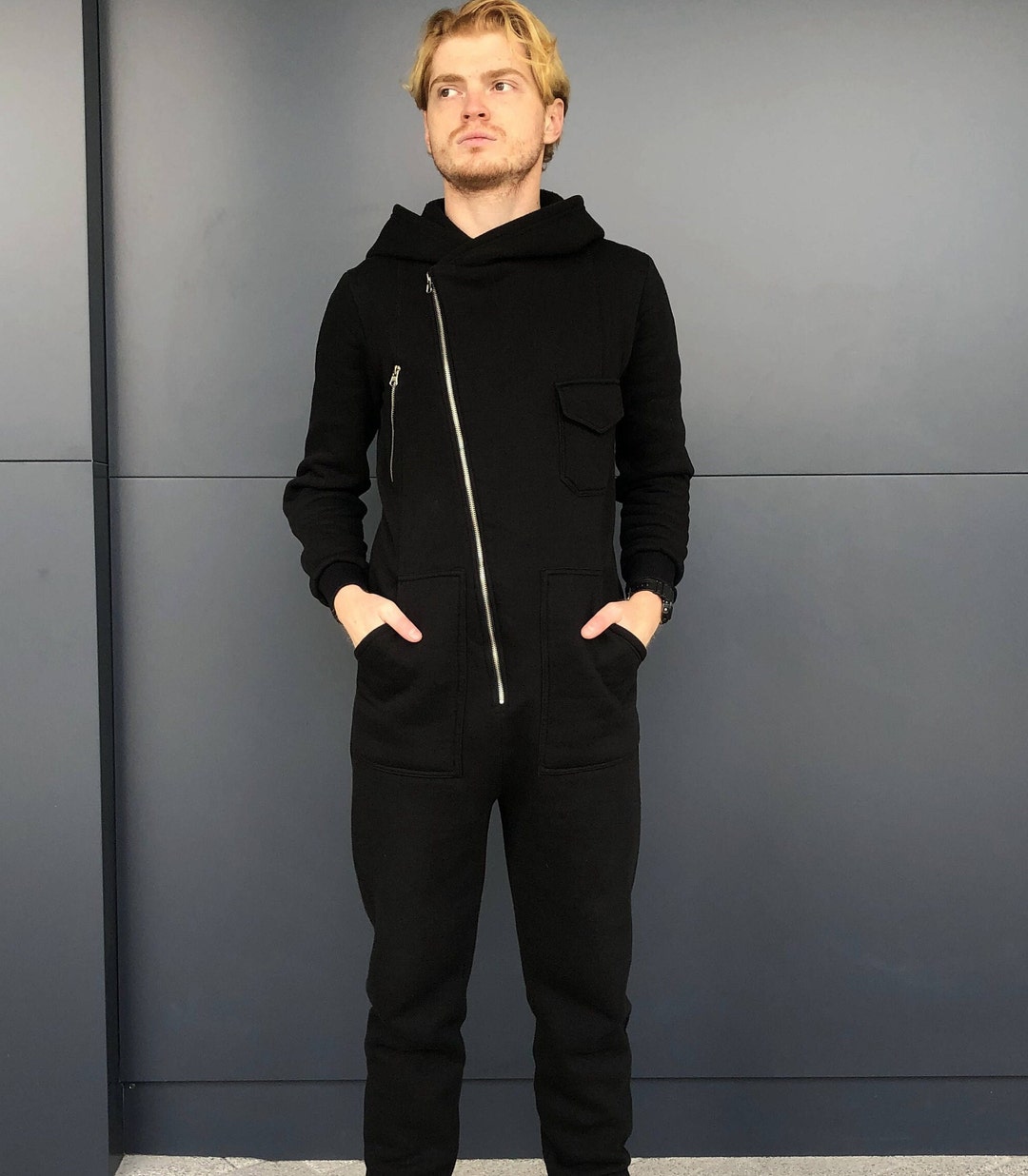 Handmade Black Hooded Jumpsuit Men, Cotton Overall Asymmetric Zip ...