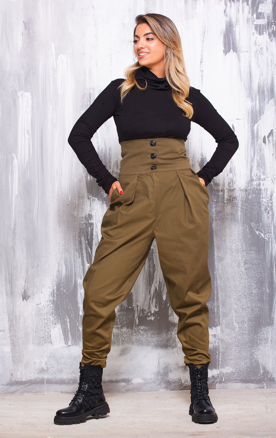 Handmade High Waist Pleated Cargo Pants Women, Wide Leg Utility ...
