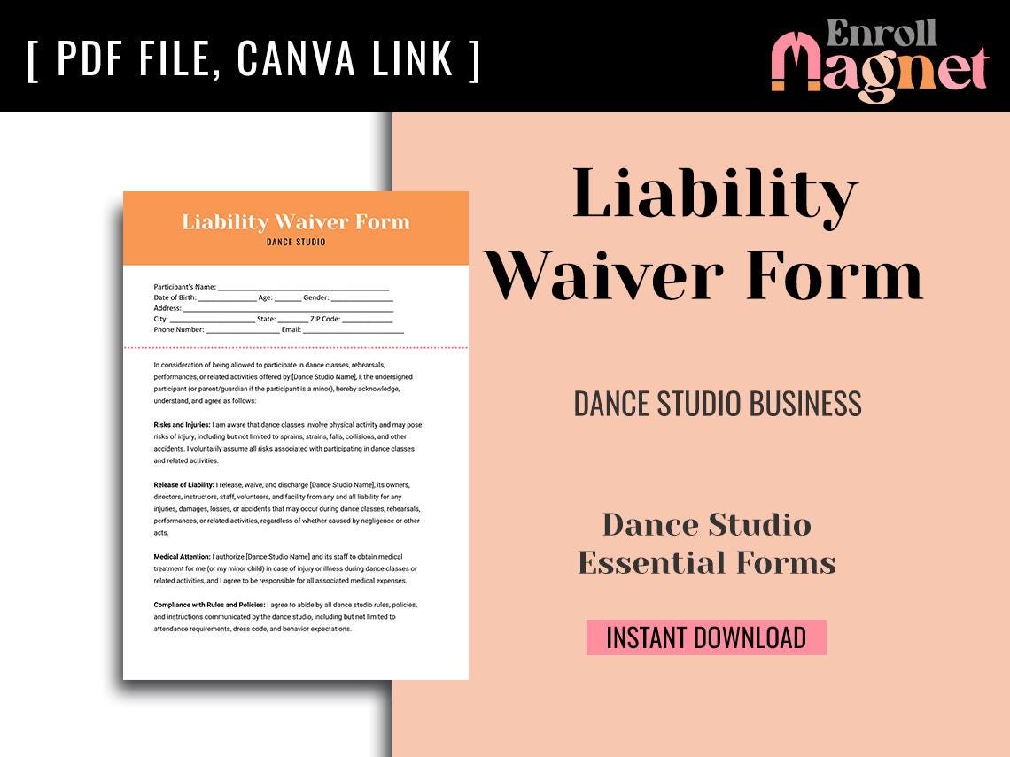 Liability Waiver Form PDF & Canva Link - Editable, Printable Consent ...