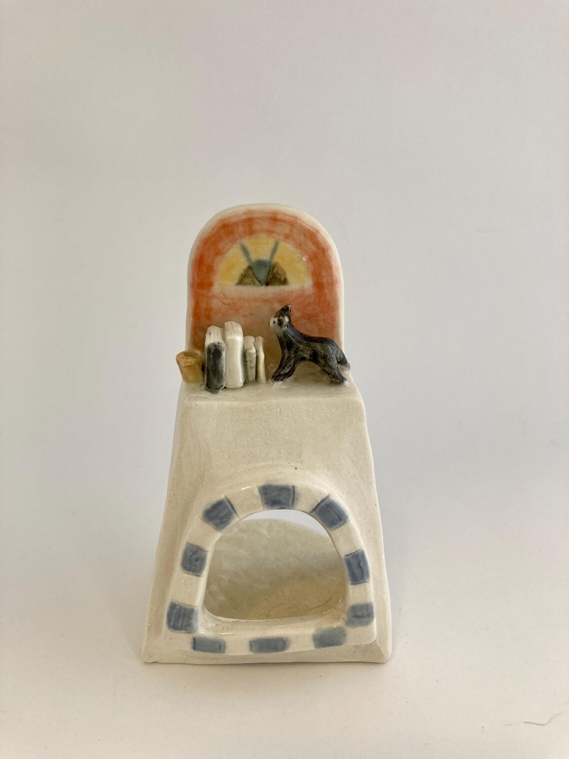 Miniature Ceramic Fireplace Diorama With Cat: Hand-painted Still Life ...