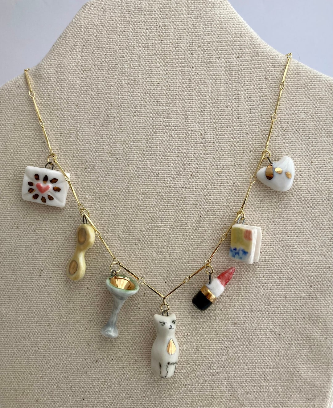 Hand-painted Porcelain Charm Pendant: 24K Gold Luster, Retro Ceramic - Etsy