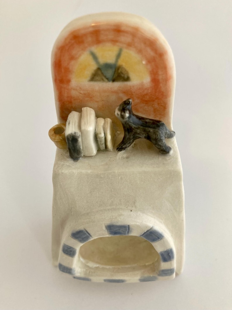 Miniature Ceramic Fireplace Diorama With Cat: Hand-painted Still Life ...