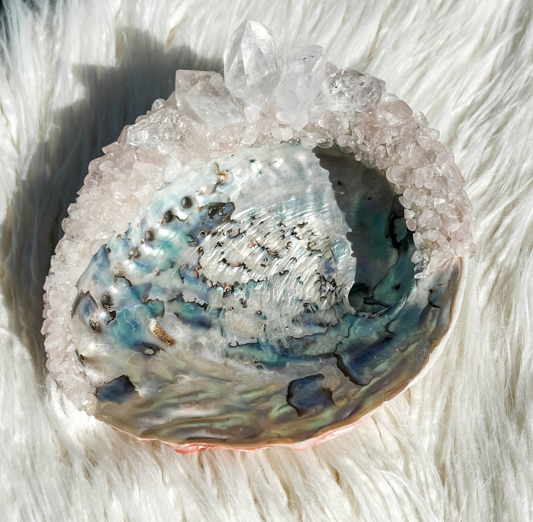 Extra Large Abalone Shell Bowl Embellished With Clear Quartz Crystal Points and Rose Quartz ...