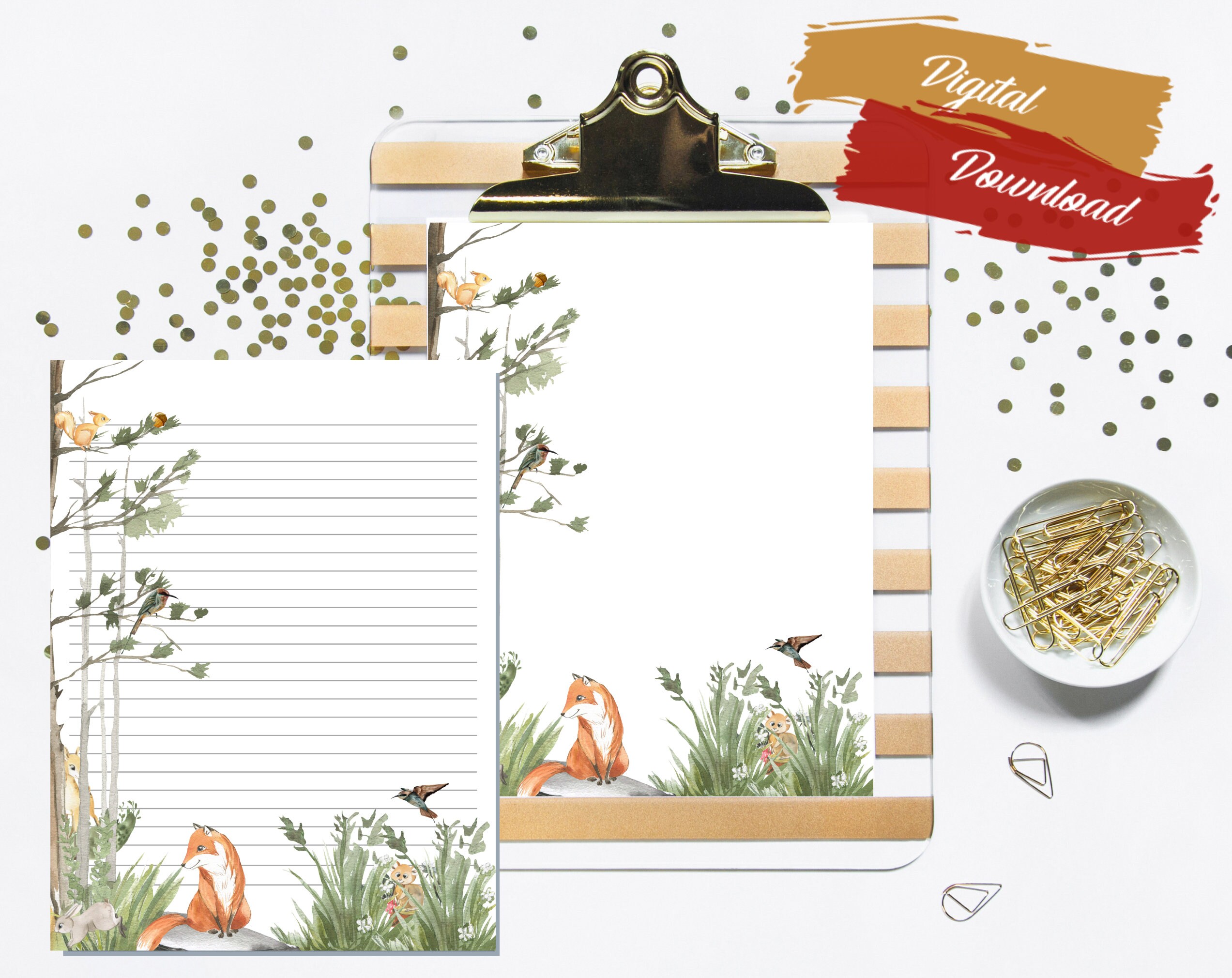 Printable Watercolor Woodland Animals Scene Writing Paper, Digital ...