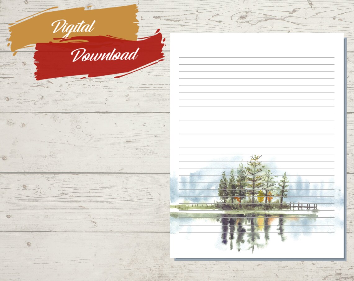 Printable Watercolor Trees on a Lake Letter Writing Paper, Printable ...