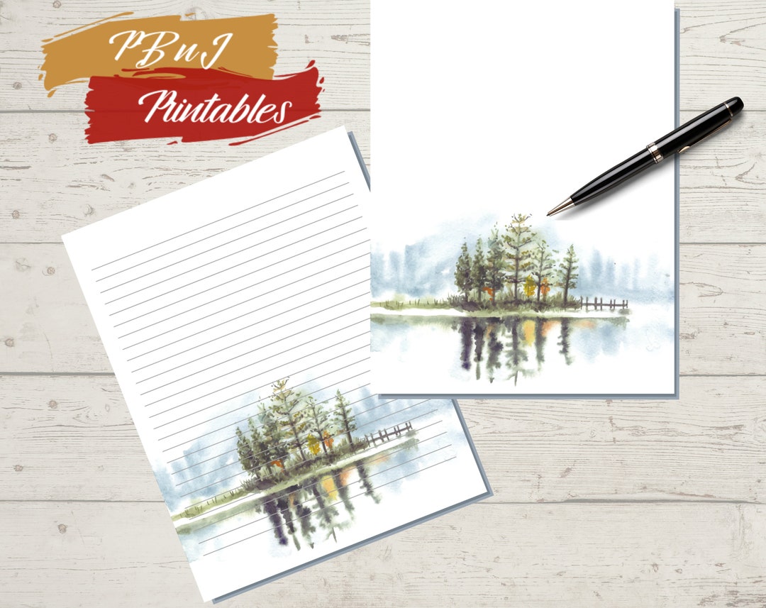 Printable Watercolor Trees on a Lake Letter Writing Paper, Printable ...