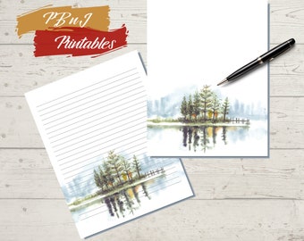 Printable Watercolor Trees on a Lake Letter Writing Paper, Printable ...