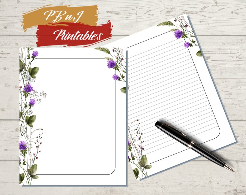Printable Purple Watercolor Flowers Letter Writing Paper, Digital ...