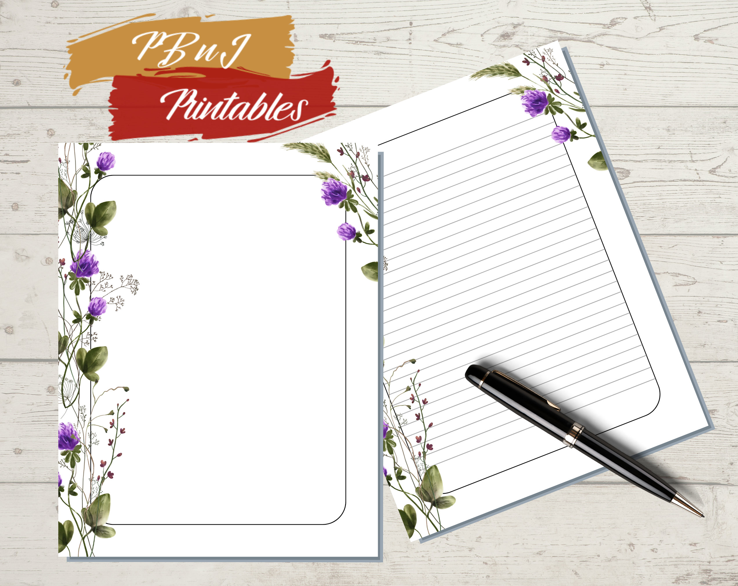 Printable Purple Watercolor Flowers Letter Writing Paper, Digital ...