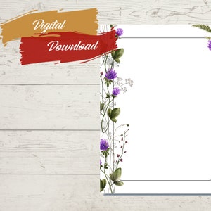 Printable Purple Watercolor Flowers Letter Writing Paper, Digital ...