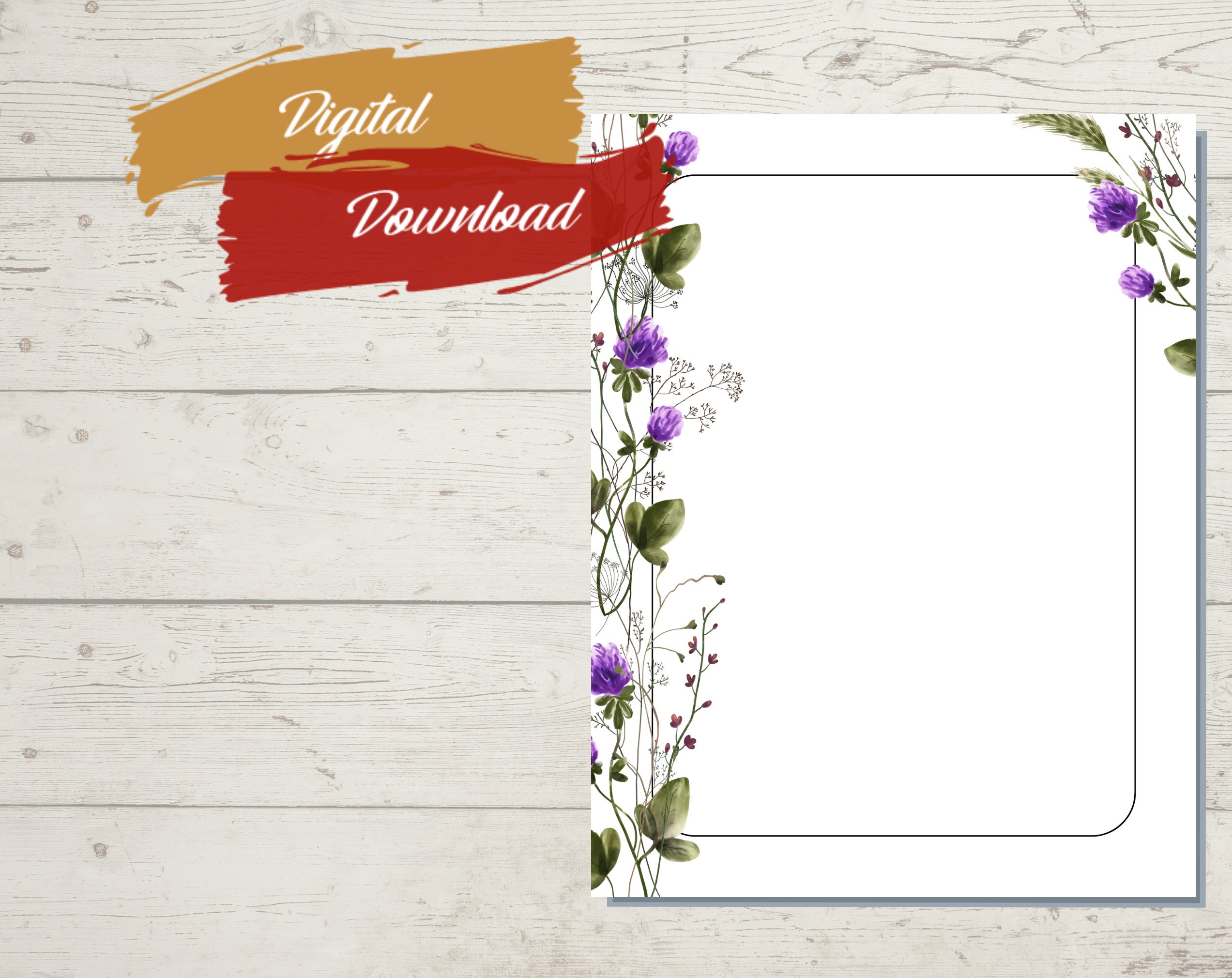 Printable Purple Watercolor Flowers Letter Writing Paper, Digital ...