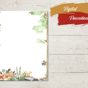 Printable Watercolor Woodland Animals Scene Writing Paper, Digital ...