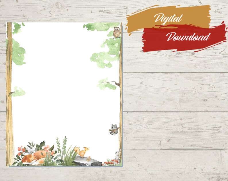 Printable Watercolor Woodland Animals Scene Writing Paper, Digital ...